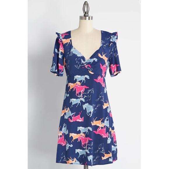 Modcloth | Dresses | Modcloth Navy Blue Horse Print Neon Stampede Mini ...